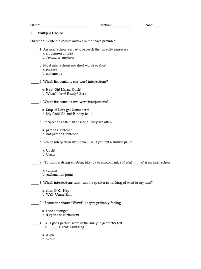 Interjection Quiz and Reflection | PDF | Linguistic Morphology ...