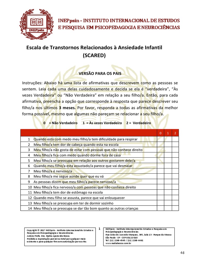 Escala de Transtornos Relacionados À Ansiedade Infantil (Scared) Versão Pais | PDF | Ansiedade