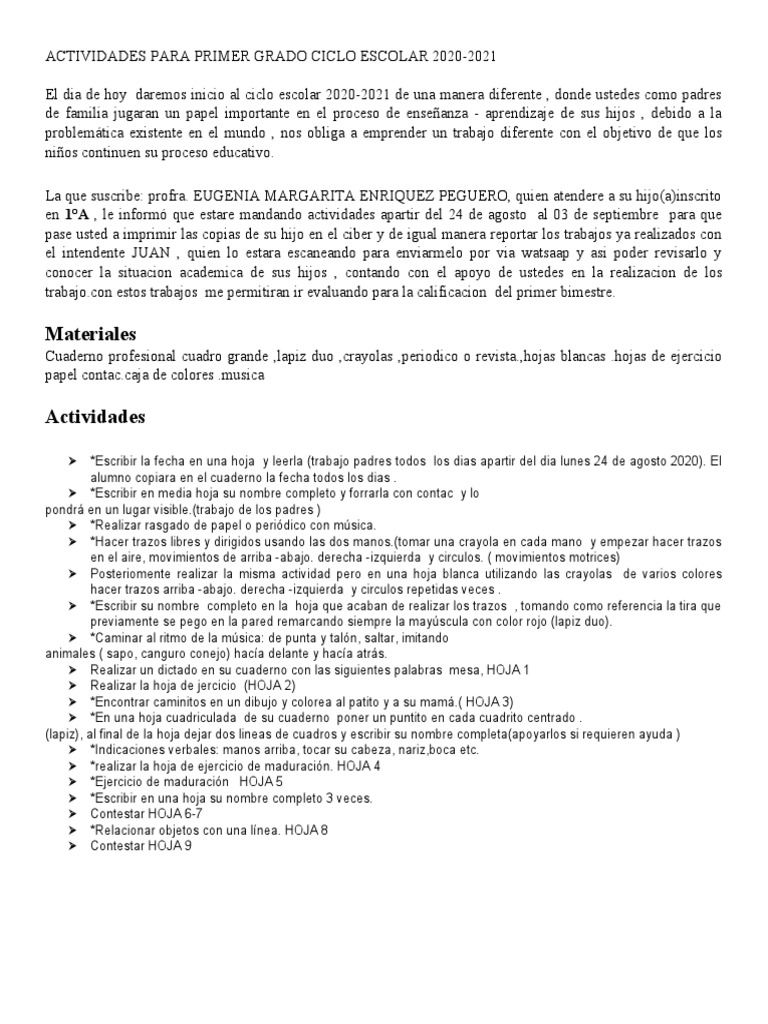 Actividades para Primer Grado Ciclo Escolar 2020 | PDF