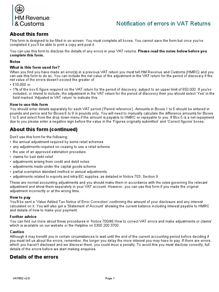 Notification of Errors in VAT Returns: About This Form | PDF | Value ...