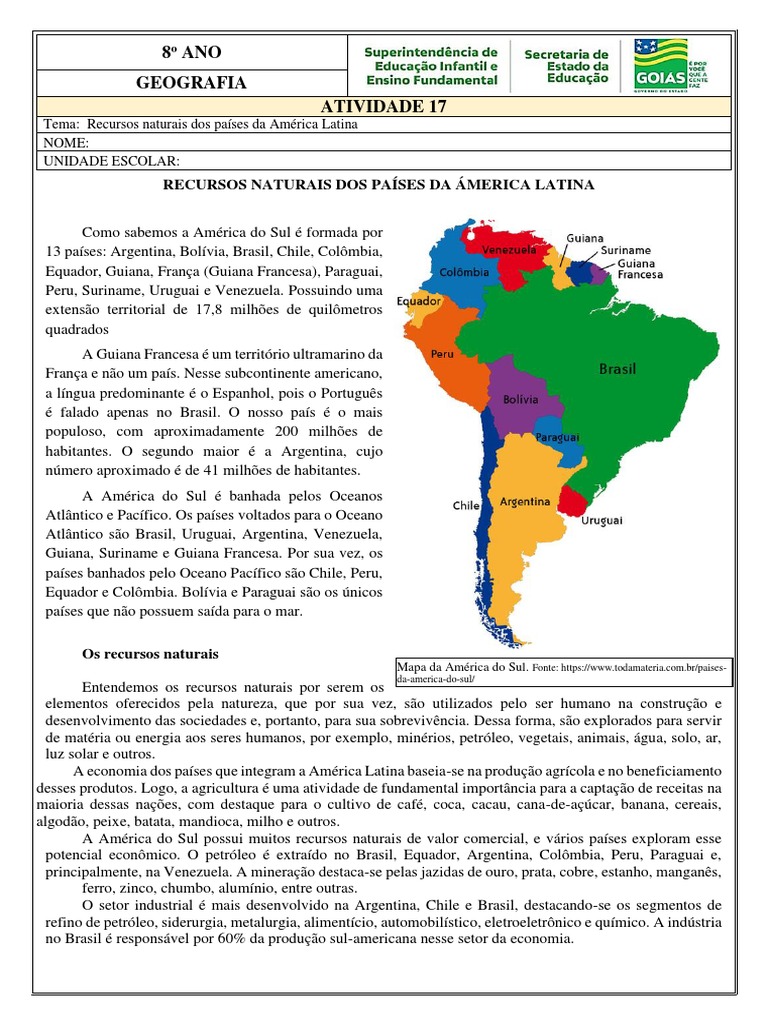 Atividade 17 - 8º GEO - Recursos Naturais Dos Países Da América Latina ...