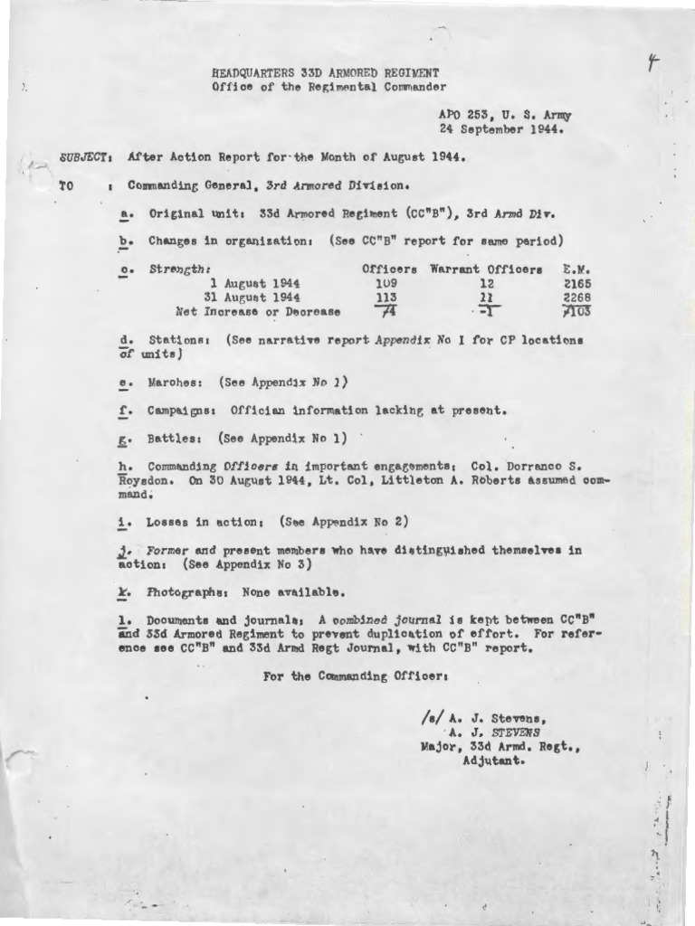 1 - 33rd Armored Regiment After Action Report July-August 1944 | PDF ...