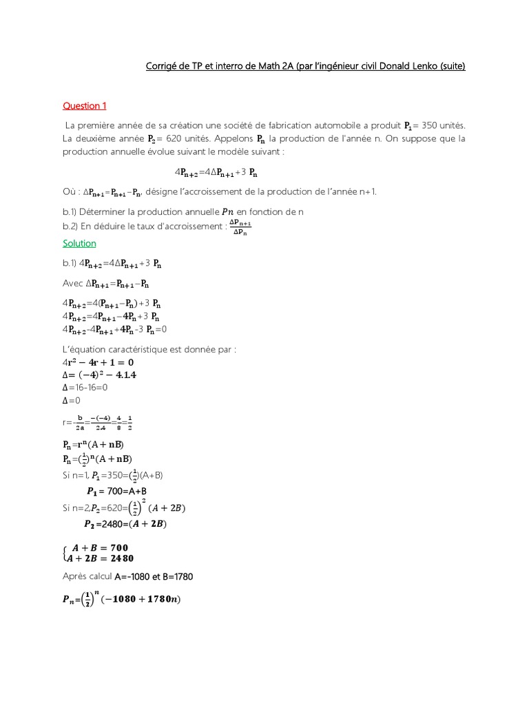 Corrigé de TP Et Interro Math 2A (Suite) | PDF | Équations | Mathématiques appliqués