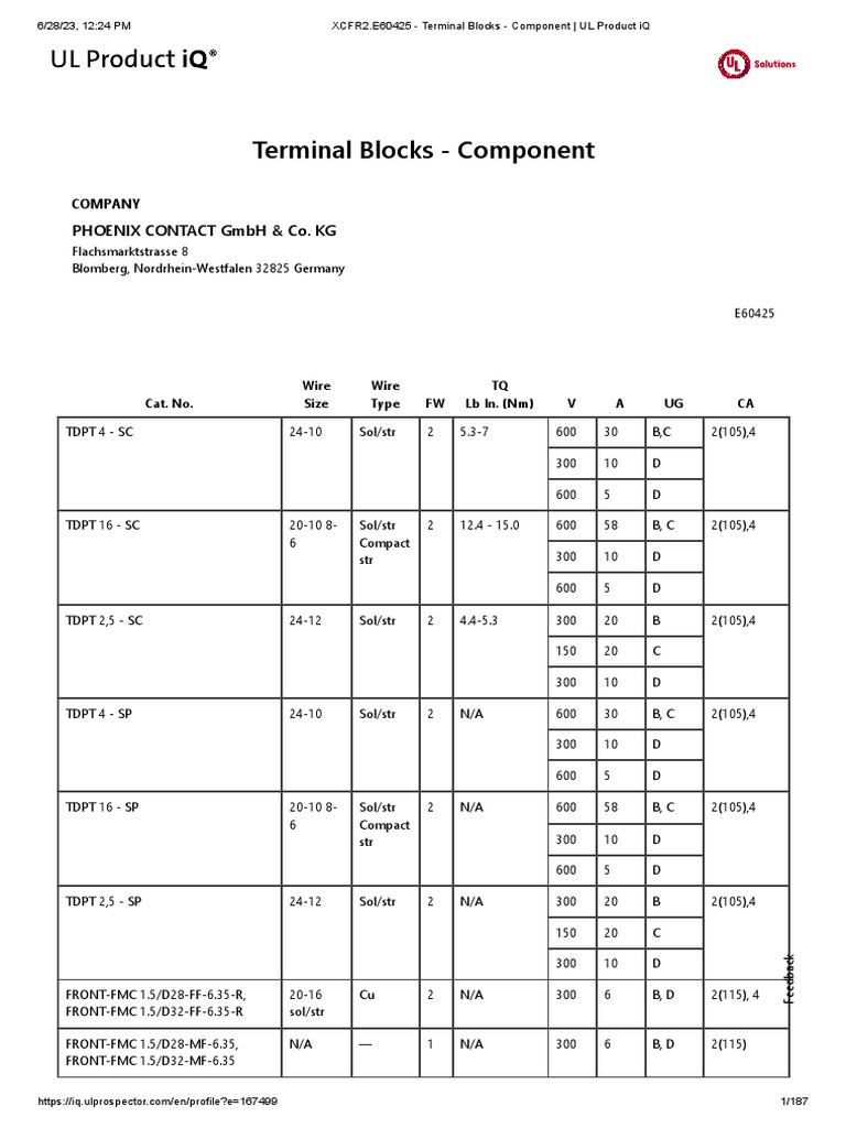 XCFR2.E60425 - Terminal Blocks - Component - UL Product IQ | PDF | Electricity | Electric Power