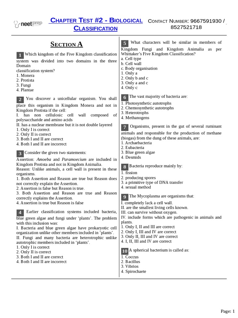 Chapter Test # 2 Biological Classification BIO Prodigy Test Series ...