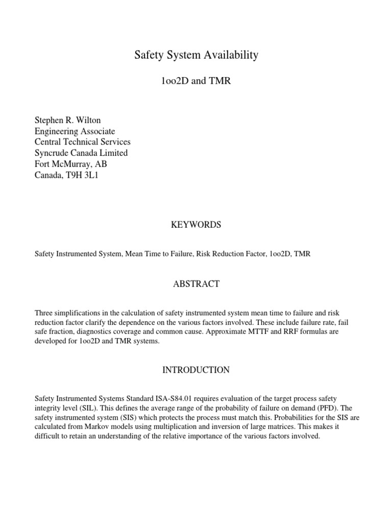 Safety System Availability: 1oo2d and TMR | PDF | Markov Chain ...