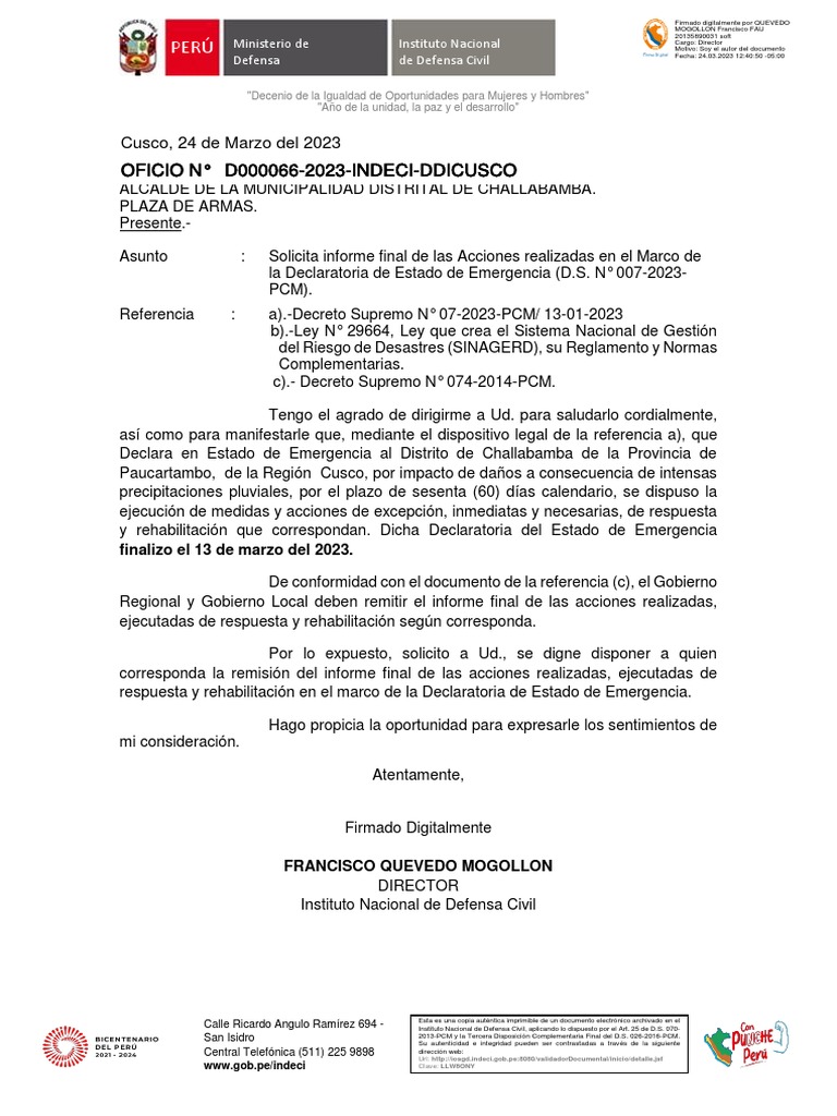 Oficio 000066 2023 Ddicusco | PDF | Defensa Civil | Estado de emergencia