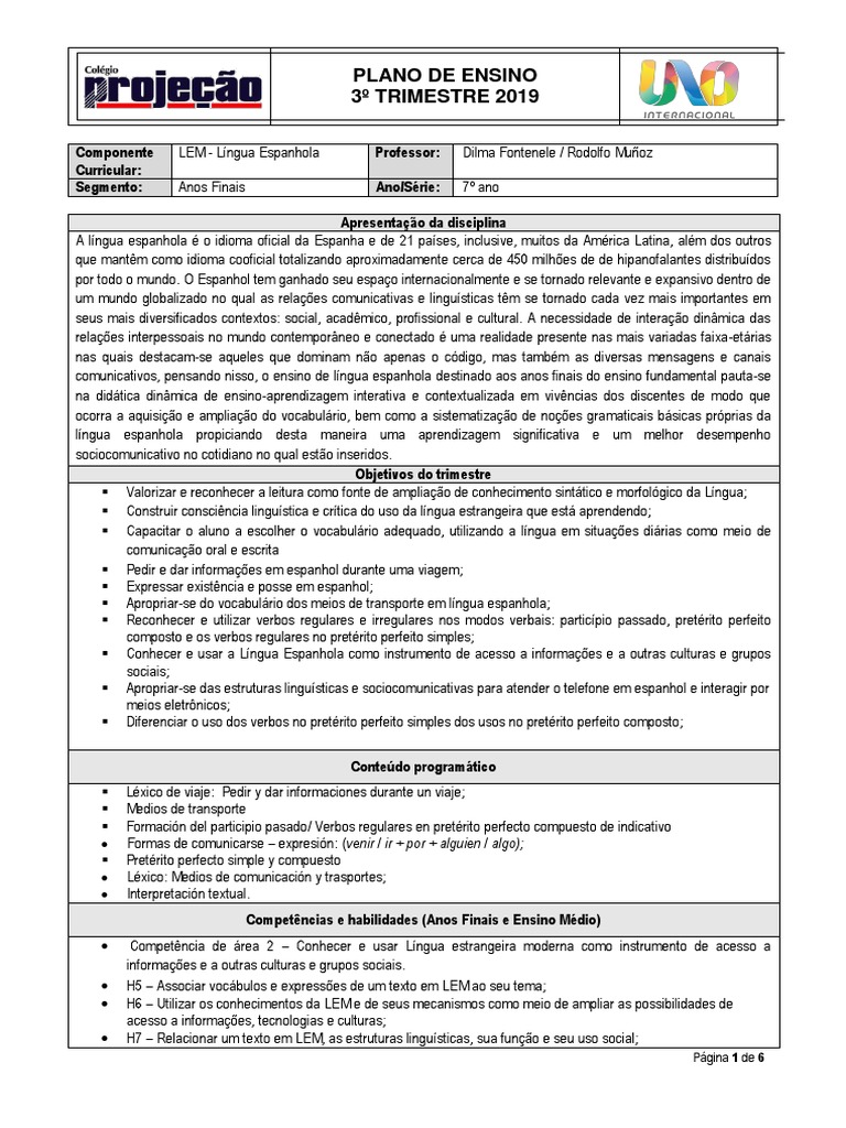 Plano De Ensino Espanhol 7º Ano Pdf Espanhol Idioma Espanha 2324