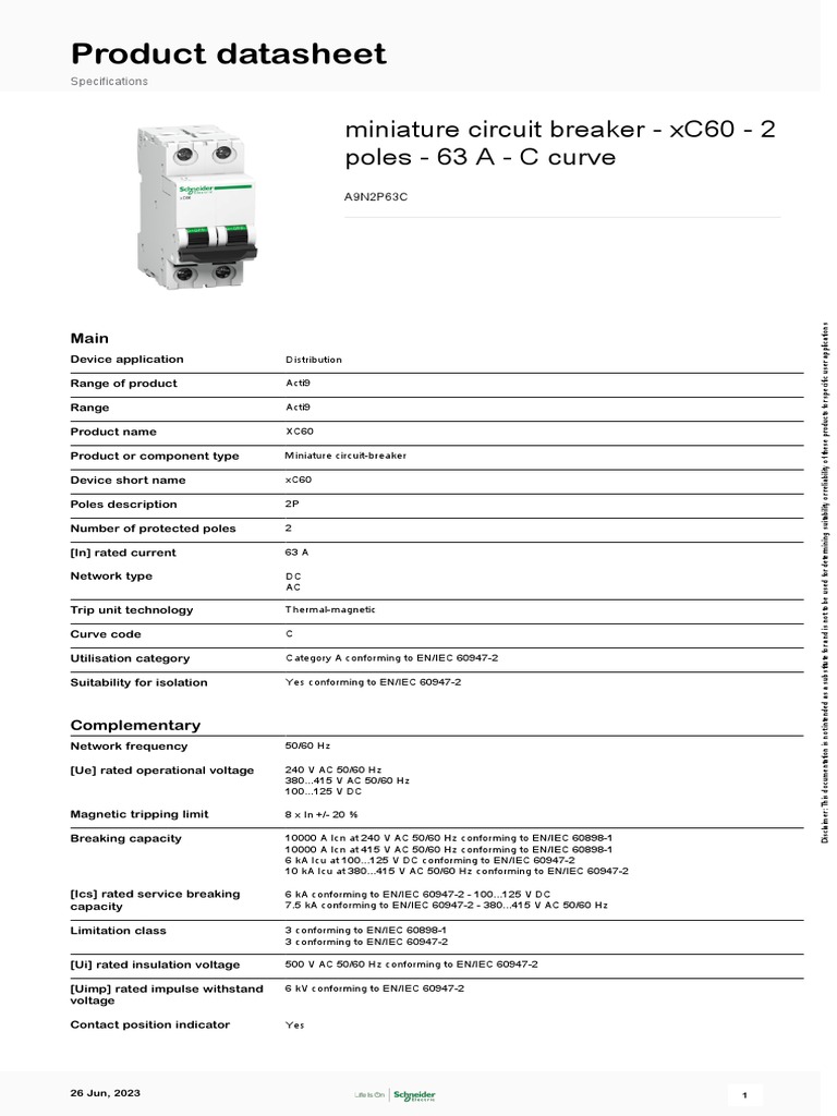 Acti9 xC60 2P 63A Circuit Breaker | PDF | Alternating Current | Electricity