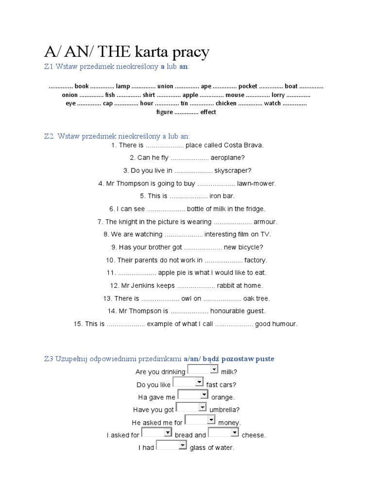 English Article Usage Worksheet | PDF | Food And Drink