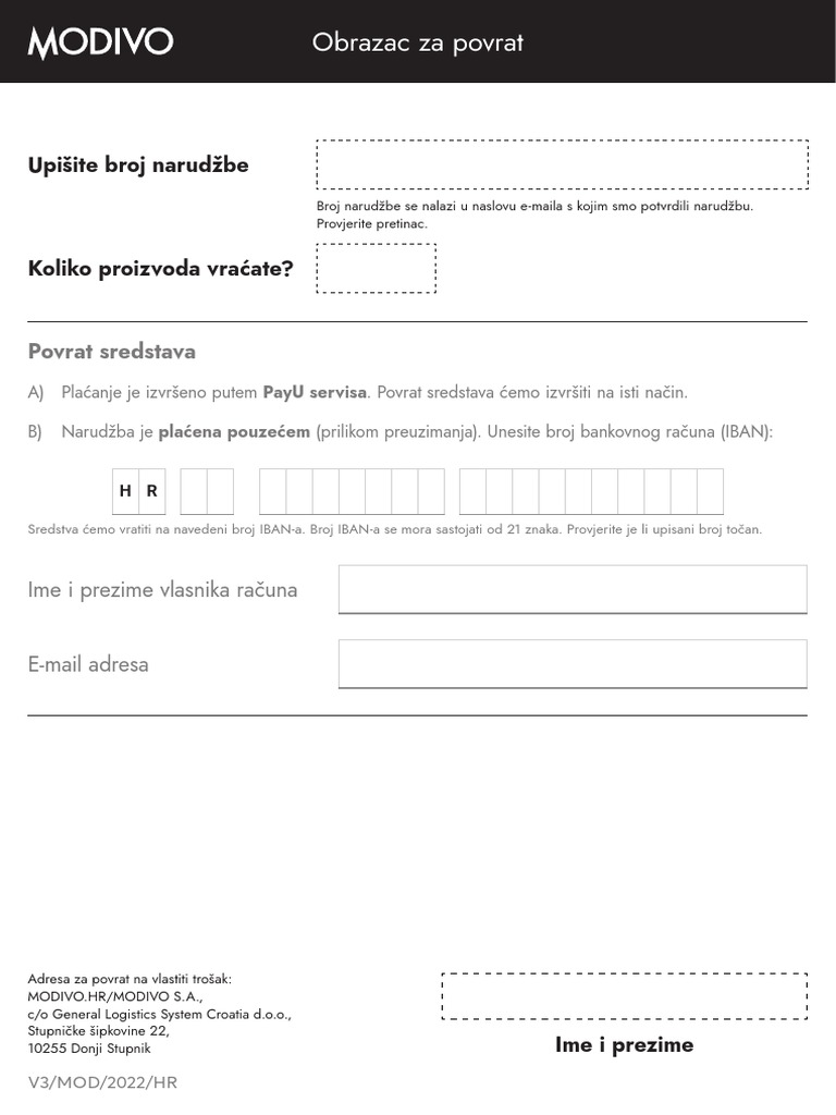 HR MOD 2022 V3 Obrazac Za Povrat | PDF