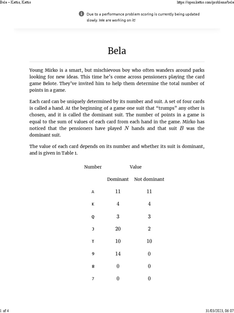 Bela - Kattis, Kattis | PDF | Card Games | Playing Cards
