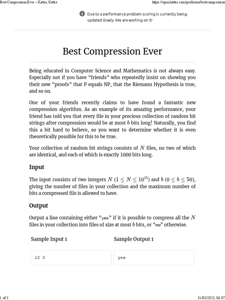 Best Compression Ever - Kattis, Kattis | PDF | Bit | Numbers