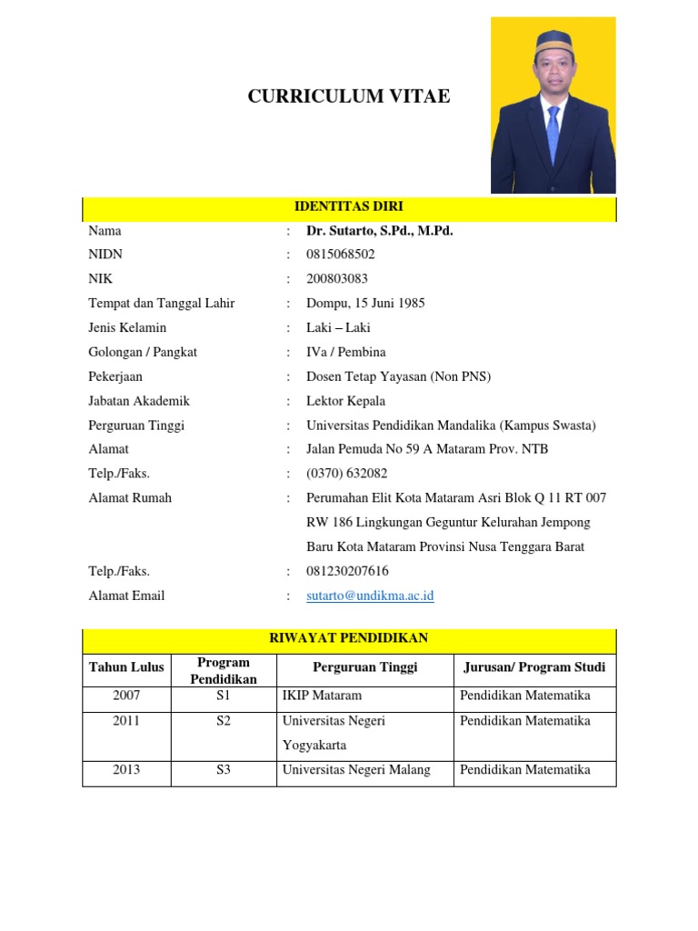CV. Dr. Sutarto, S.PD., M.PD - 2022 - New | PDF