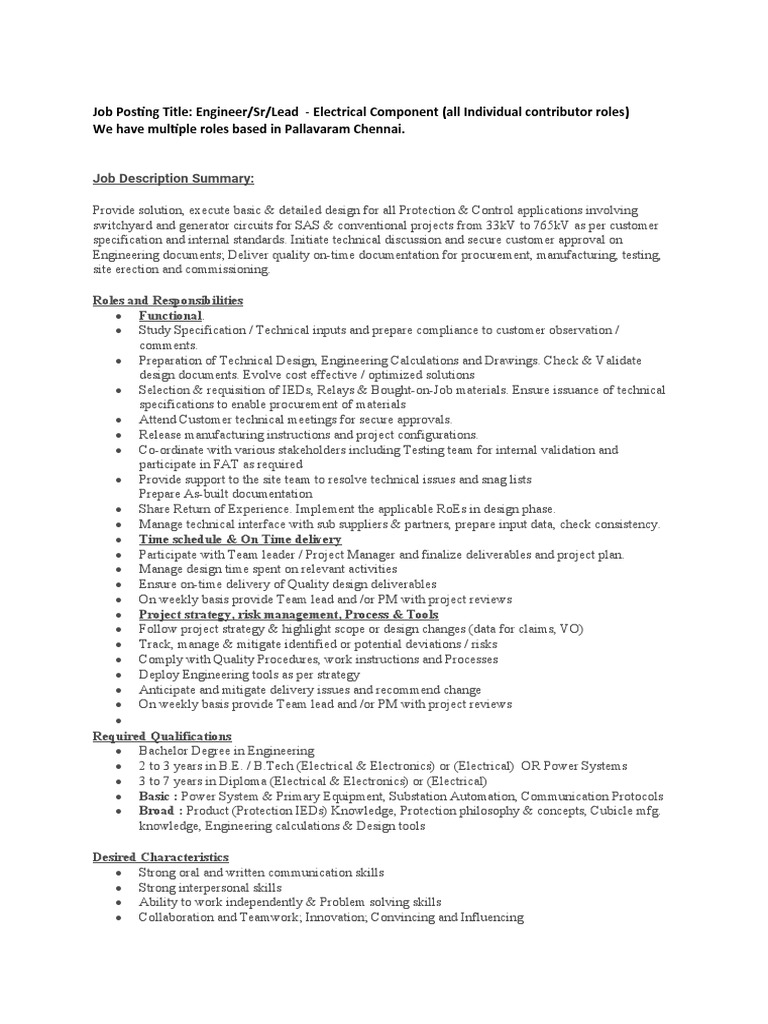 JD - Engineer Electrical Component Design | PDF | Specification (Technical Standard) | Engineering