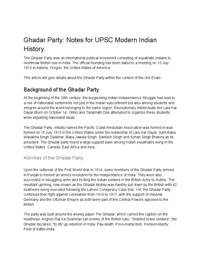 Ghadar Party - Notes For UPSC Modern Indian History | PDF | British ...