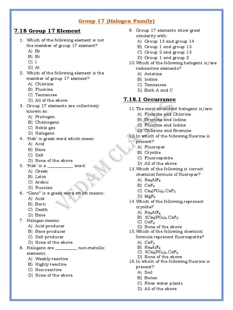 Group 17 (Halogen Family) Element | PDF | Chlorine | Iodine