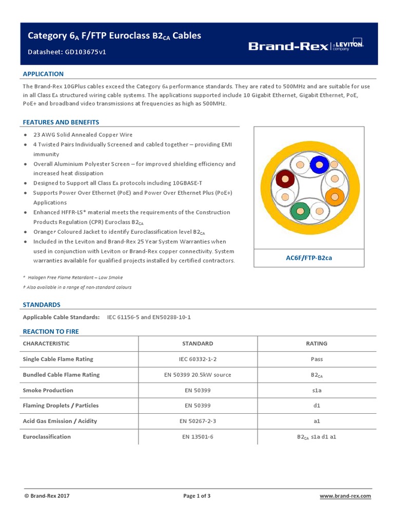 CABLE CAT6A.F FTP - Datasheet - 103675v1 | PDF | Electrical Resistance ...