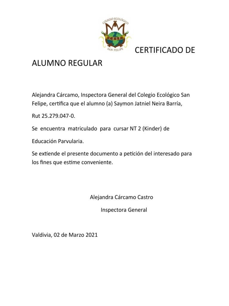 CERTIFICADO Alumno Regular Kinder 1 | PDF
