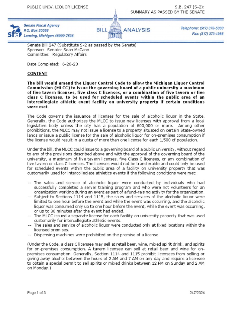 Michigan Senate Bill 247 | PDF | Alcoholic Beverages | License
