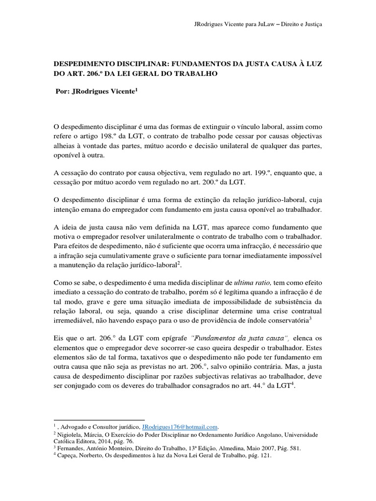 Despedimento Disciplinar - Fundamentos Da Justa Causa À Luz Do Art. 206 ...