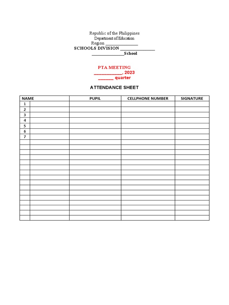 12 Pta Meeting Attendance Sheet | PDF
