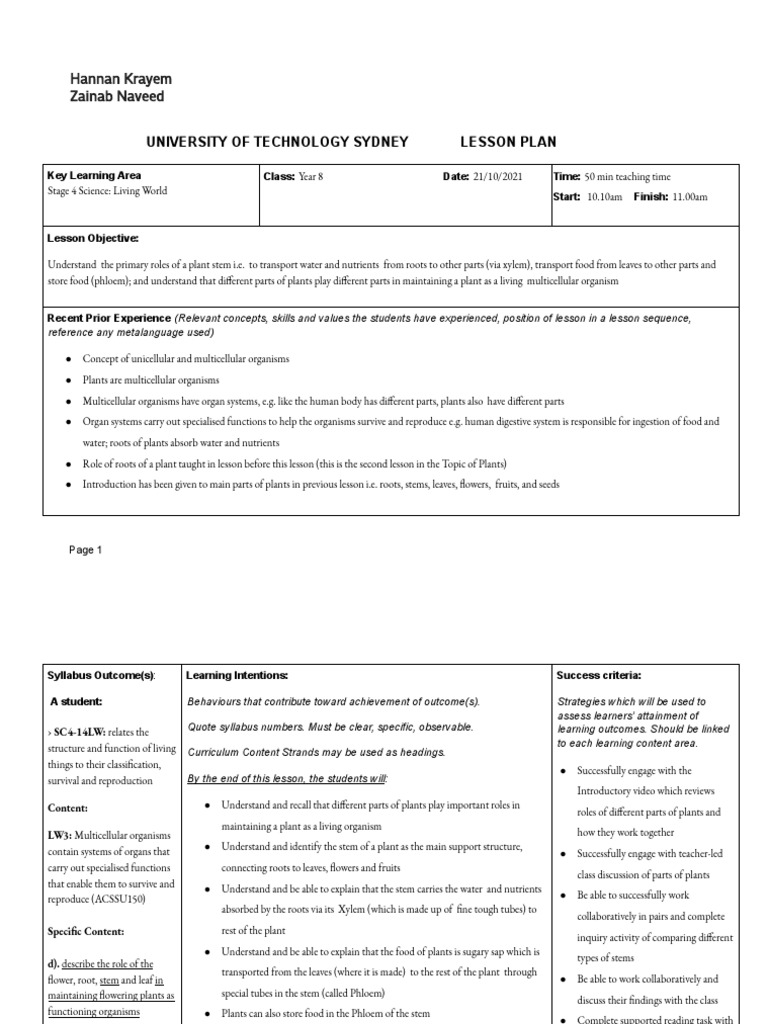NSW Science Lesson Plan Year 8 Stage 4 Science: Living World | PDF ...