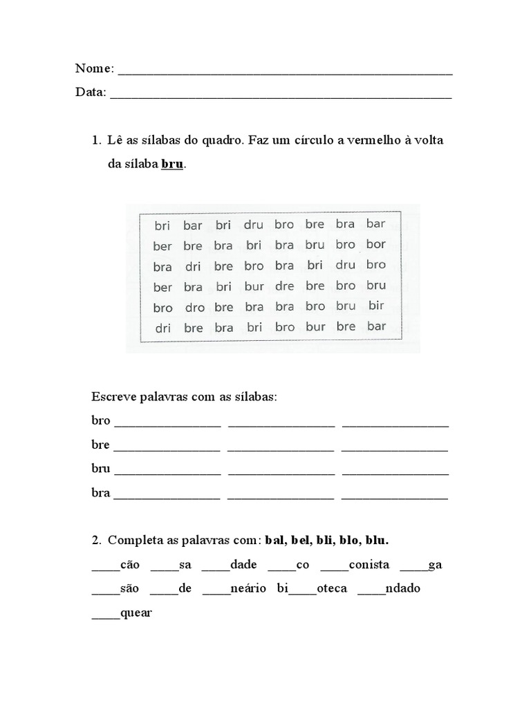 Atividade - Bra Bre Bri Bro Bru.doc | PDF