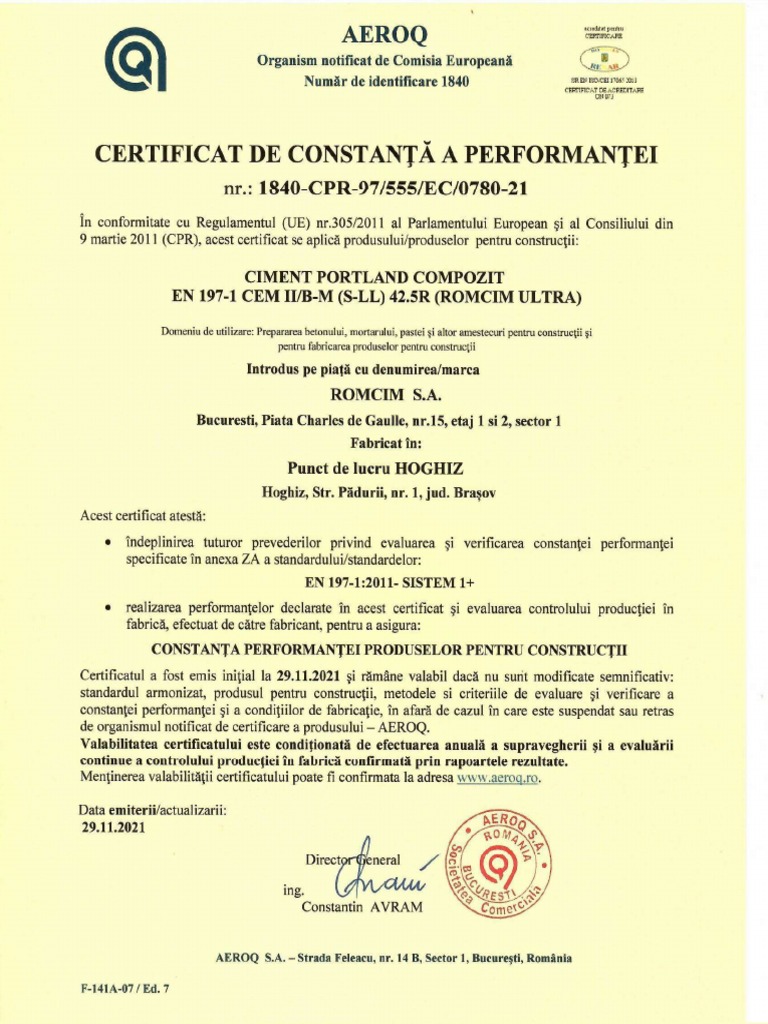 Ciment Romcim Declaratie Conformitate | PDF