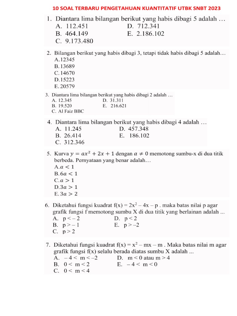 (Soal) 10 Soal Terbaru Pengetahuan Kuantitatif Utbk SNBT 2023 | PDF