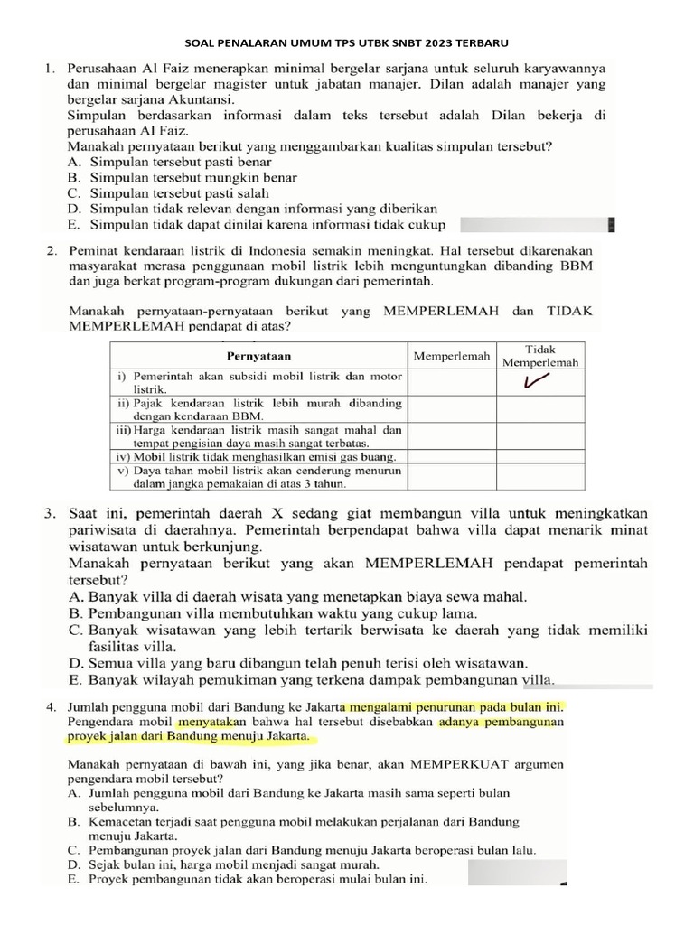 (Soal) Soal Penalaran Umum Tps Utbk SNBT 2023 Terbaru | PDF