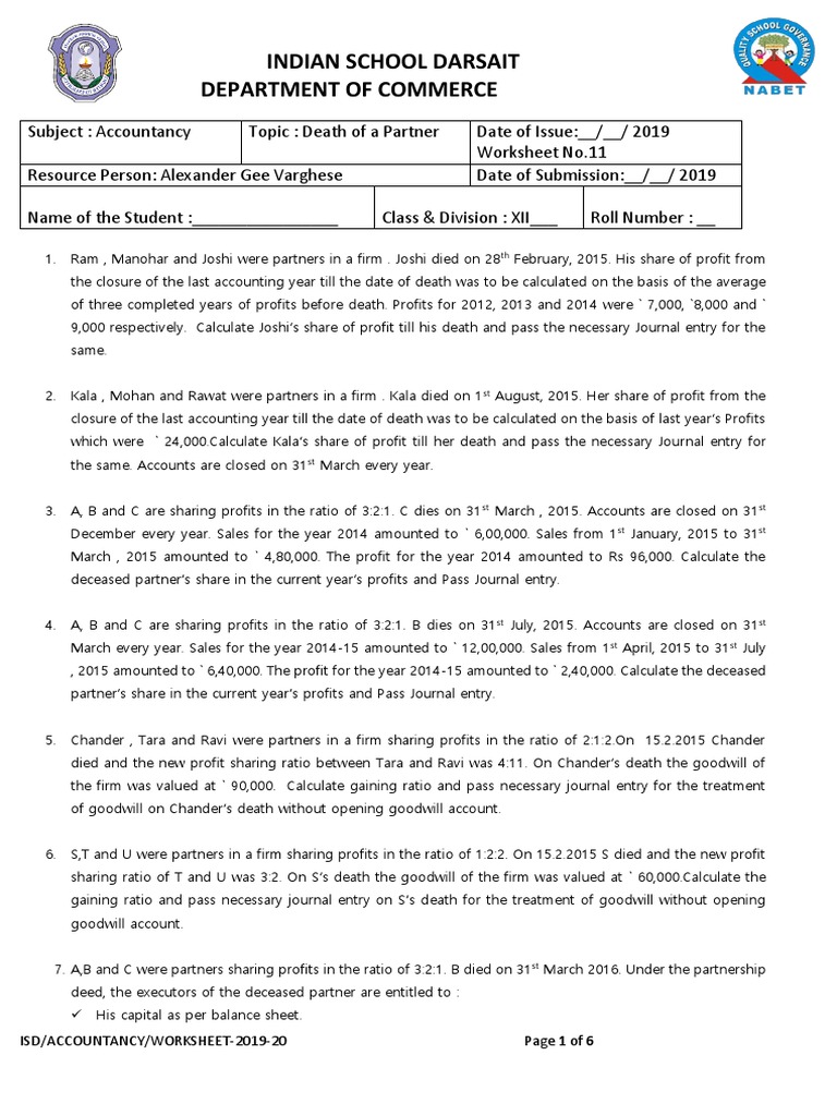 Death of a Partner: Class 12 Worksheet | PDF | Balance Sheet | Goodwill ...