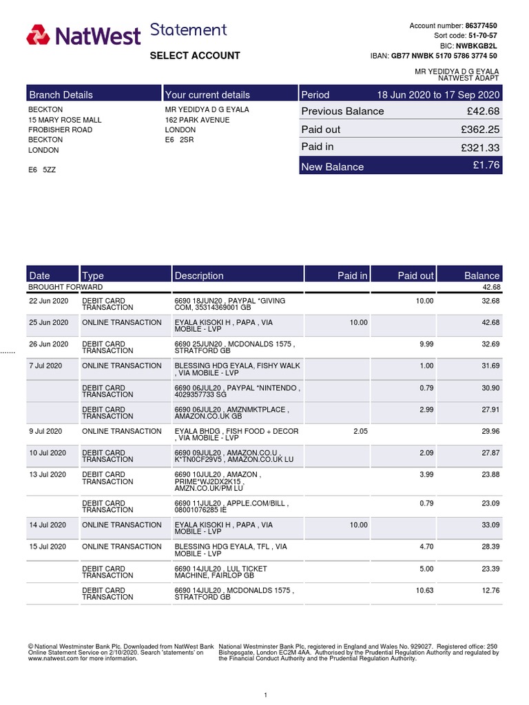 Statement 517057 86377450 18 06 2020 17 09 2020 | PDF | Debit Card | Banks