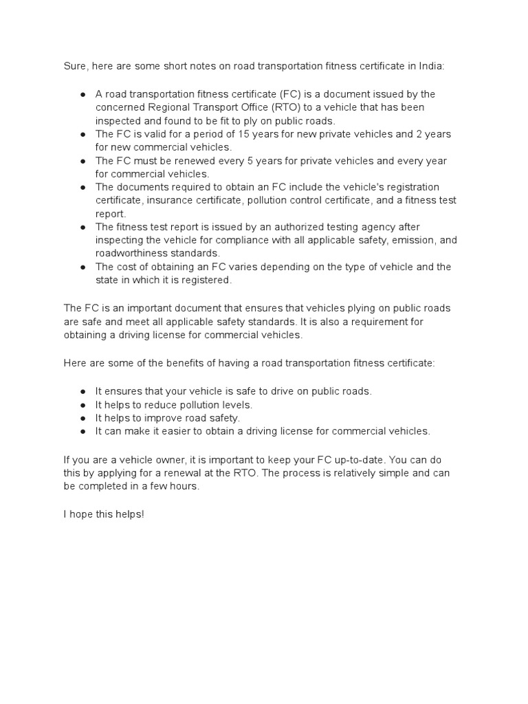 Short Notes On Road Transportation Fitness Certificate in India | PDF