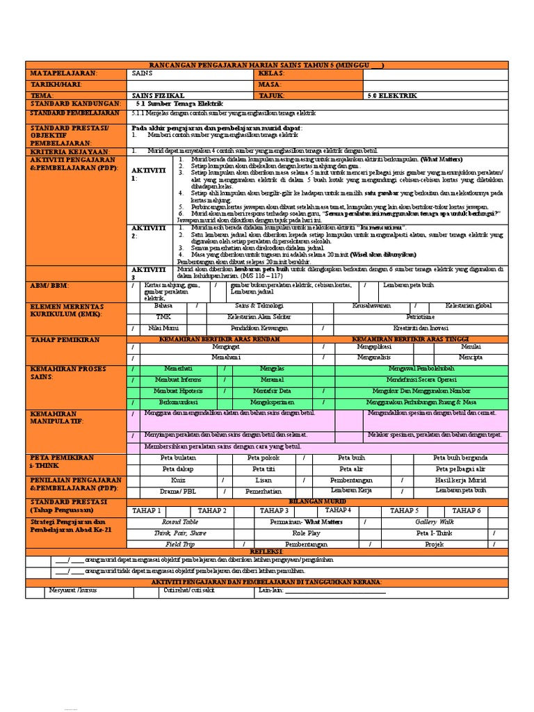 RPH Sains Tahun 5: Elektrik | PDF