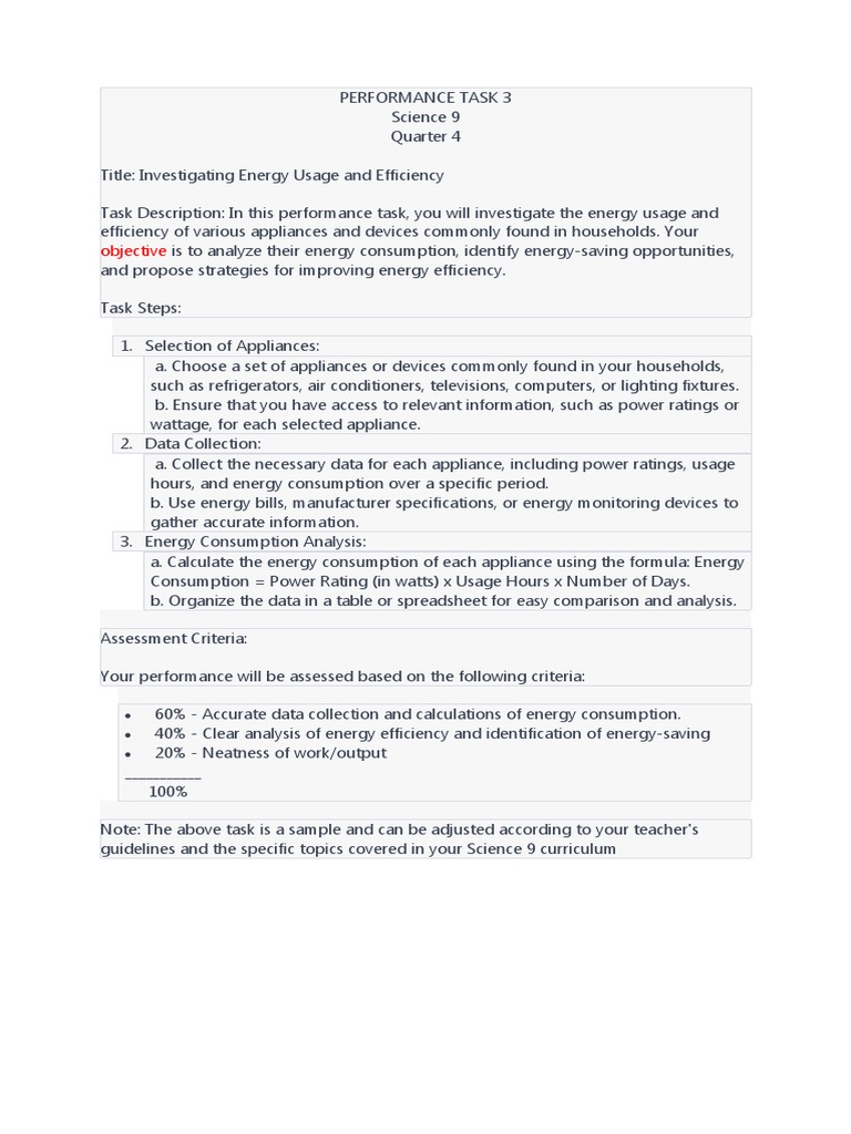 Performance Task in Science 9 - Q4 | PDF | Energy Conservation ...