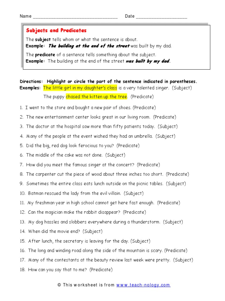 Subject and Predicate Worksheet | PDF