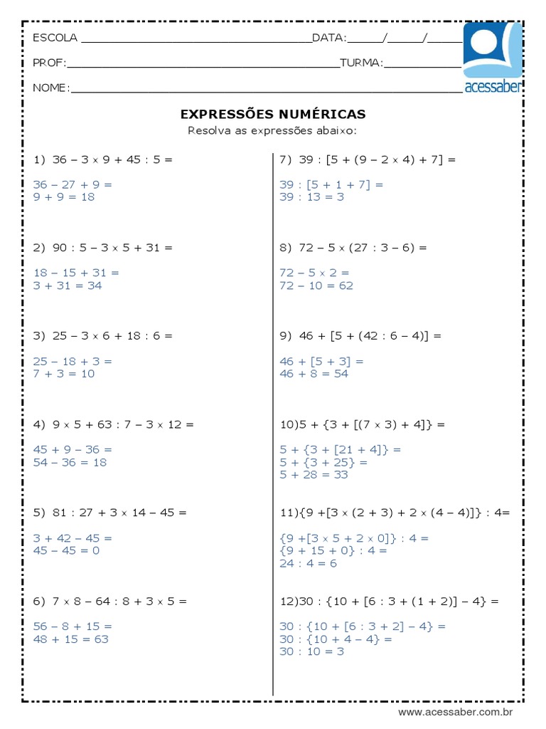 Exercícios de Expressões Numéricas | PDF