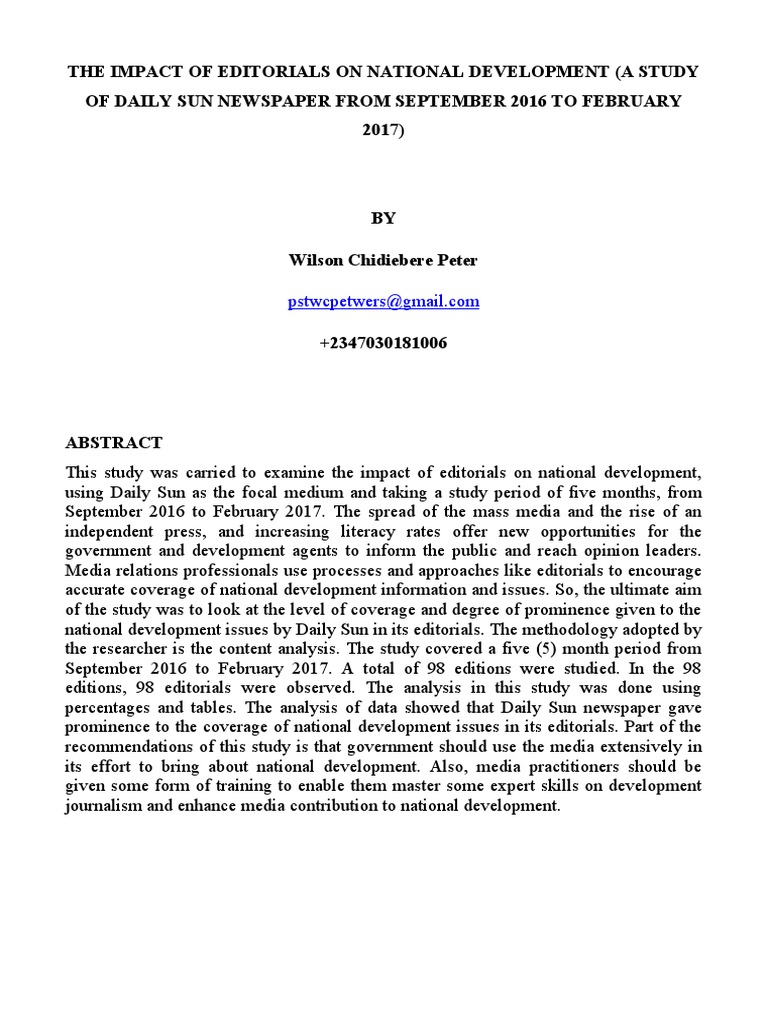 The Impact of Editorials On National Development (A Study of Daily Sun ...