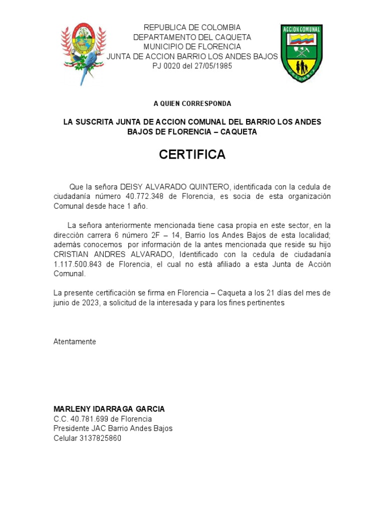 Certificacion Junta de Accion Comunal | PDF
