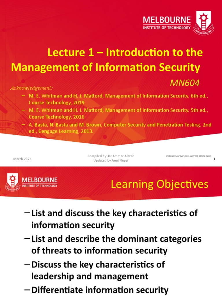 Lecture 1 Introduction To The Management of Information Security | PDF ...