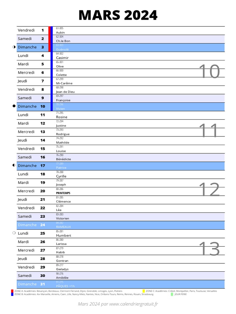 Calendrier Mars 2024 à Imprimer | PDF
