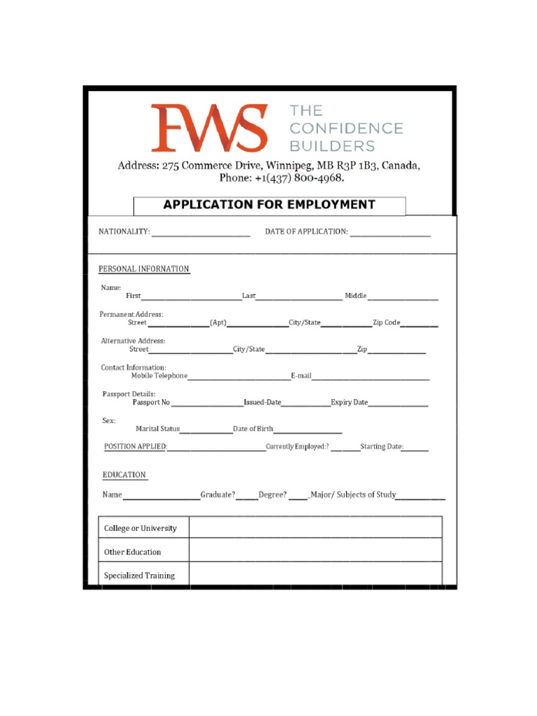 Fws Application Form | PDF