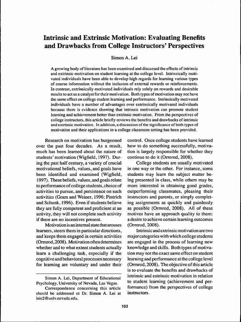 Intrinsic and Extrinsic Motivation and Learning | PDF | Motivational ...