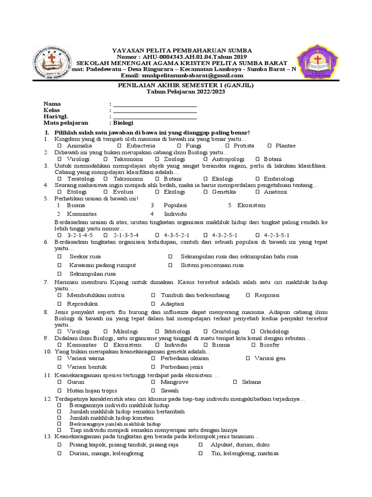Soal PAS Biologi Kelas X Semester 1 | PDF | Sains & Matematika