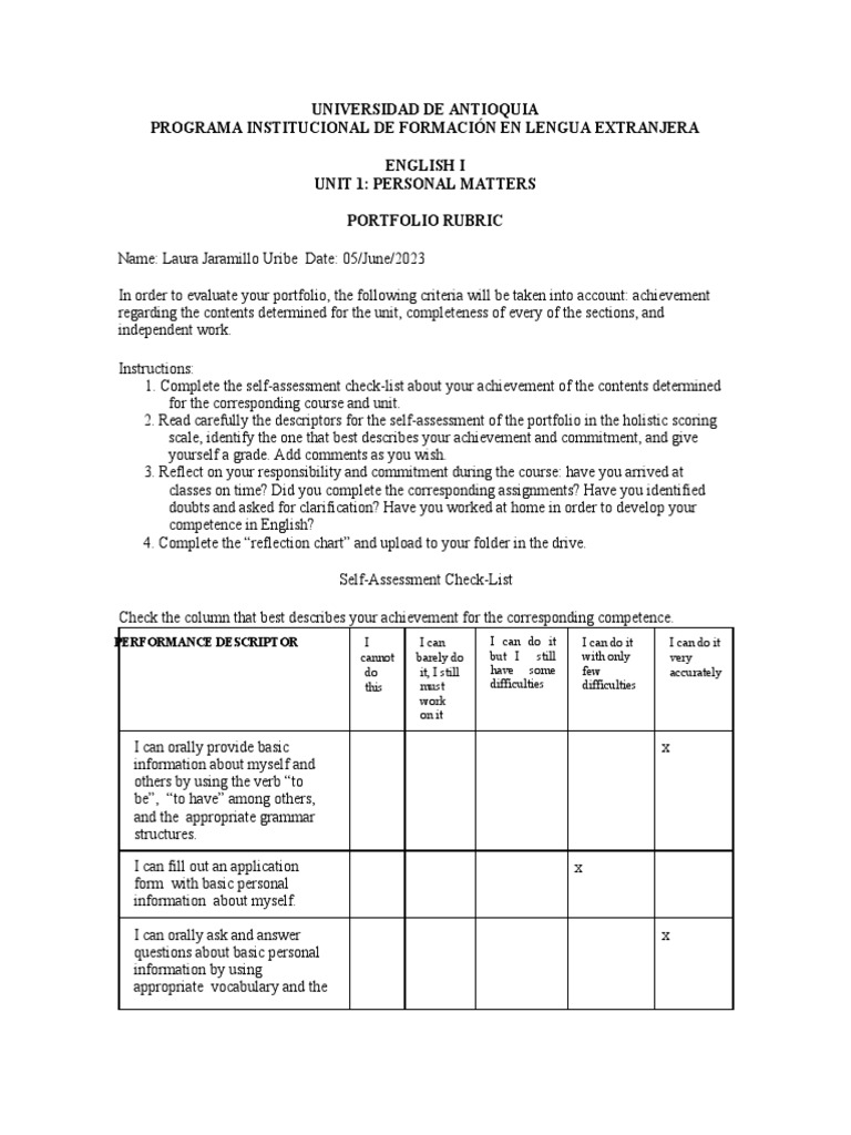 Self Assessment Unit 1 Pifle 1-2 | PDF | Rubric (Academic) | Cognitive Science