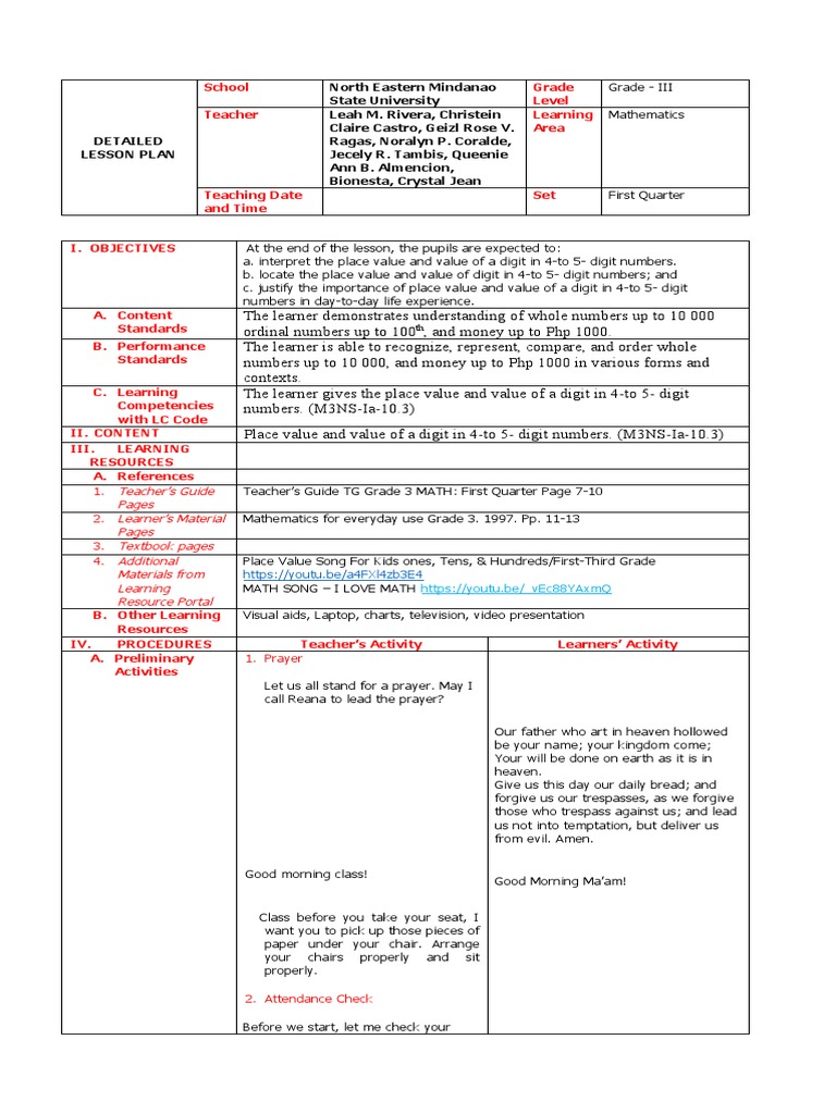 Detailed Lesson Plan Math 3 Final | PDF | Teachers | Numbers
