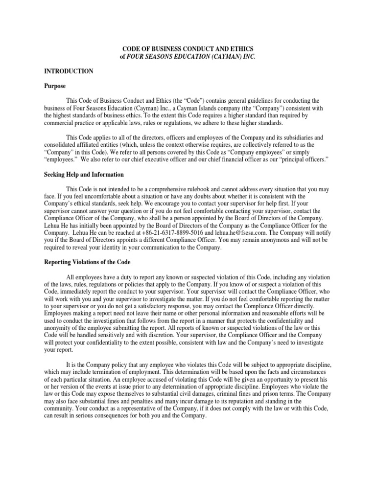 Code of Business Conduct and Ethics | PDF | Insider Trading | Sexual ...