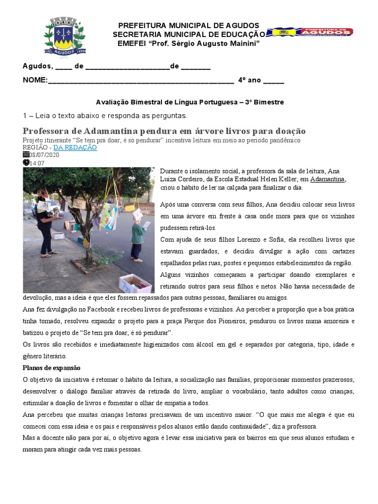 Avaliação de Português - 3 Bimestre C | PDF | Palavra | Comunicação humana