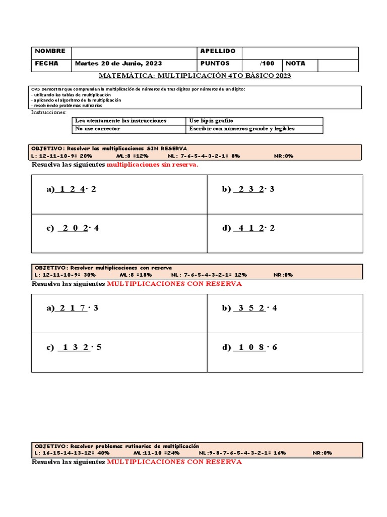 Prueba Multiplicación 4to | PDF | Matemáticas | Informática